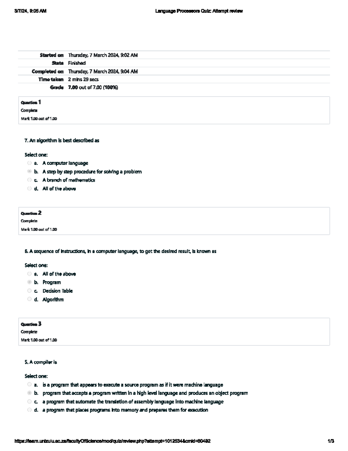Compilers quiz 1 - SCPS321 - Studocu