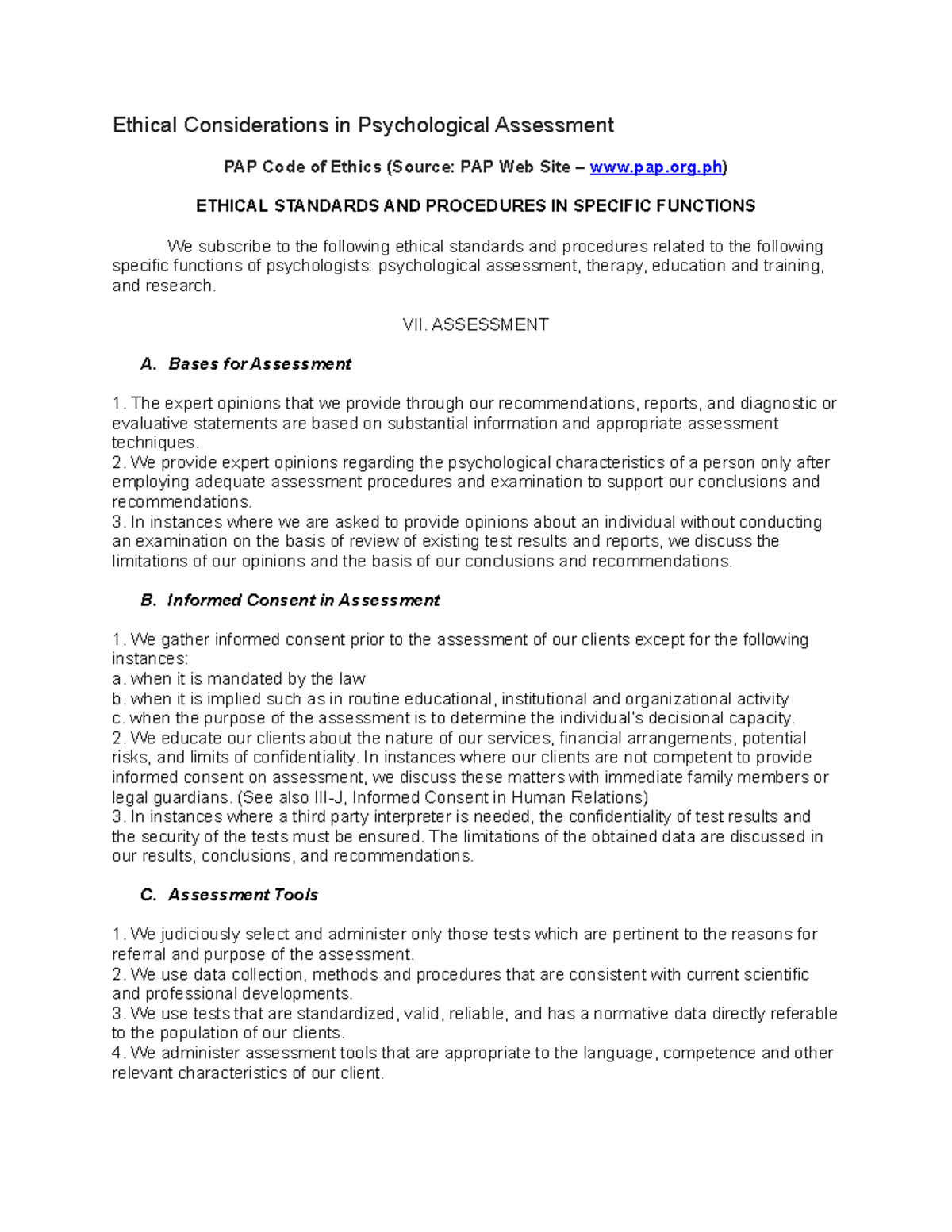 Ethical Considerations in Psychological Assessment - org) ETHICAL ...