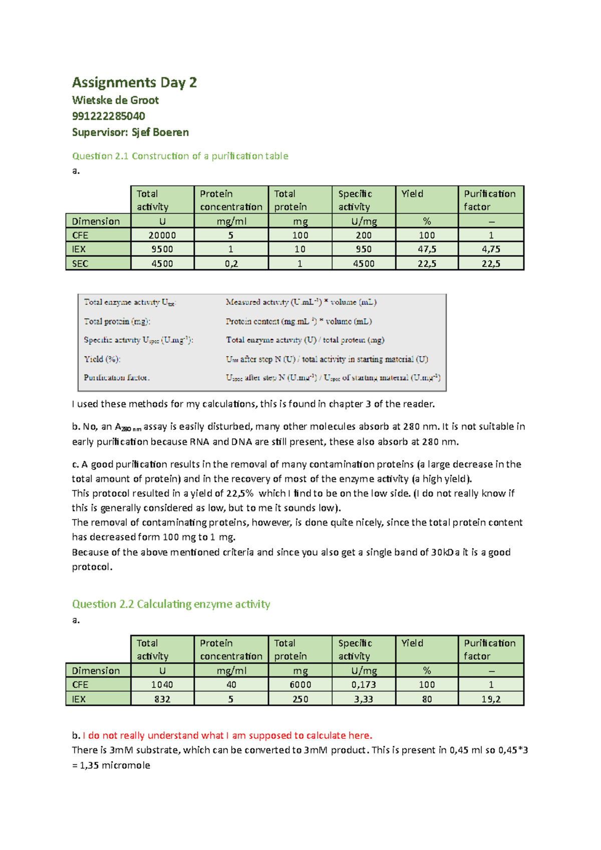Assignments Day 2 - Total activity Protein concentratio n Total protein ...