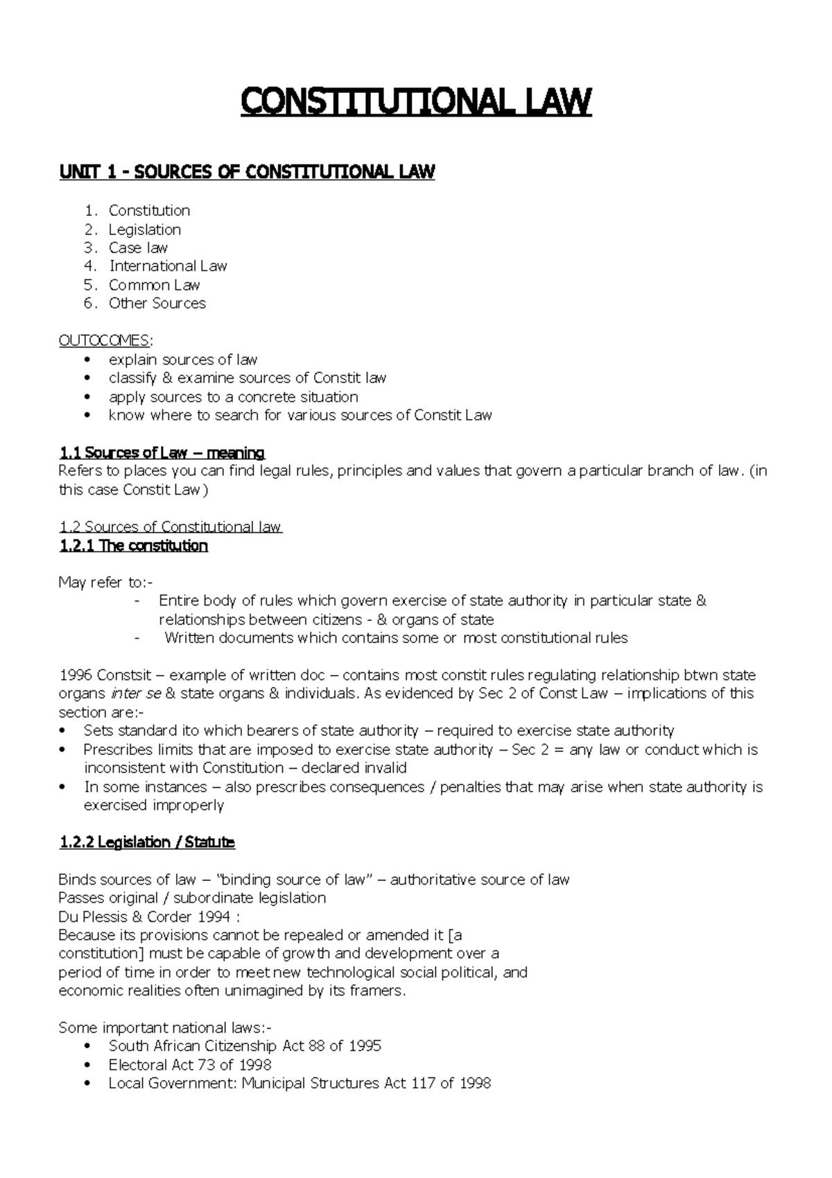 CSL2601-Summary-Notes - CONSTITUTIONAL LAW UNIT 1 - SOURCES OF ...