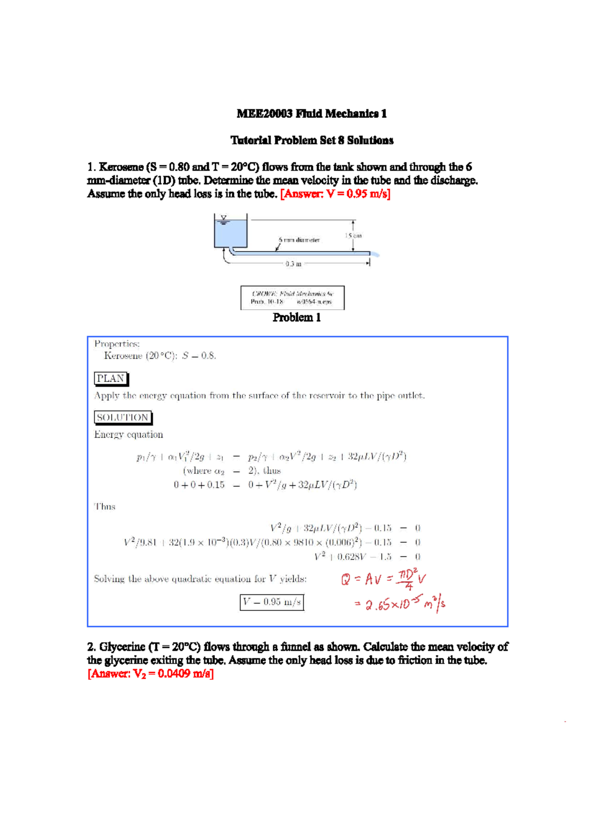 Tutorial 8 Solutions (Updated) - Fluid Mechanics 1 Tutorial Problem Set ...