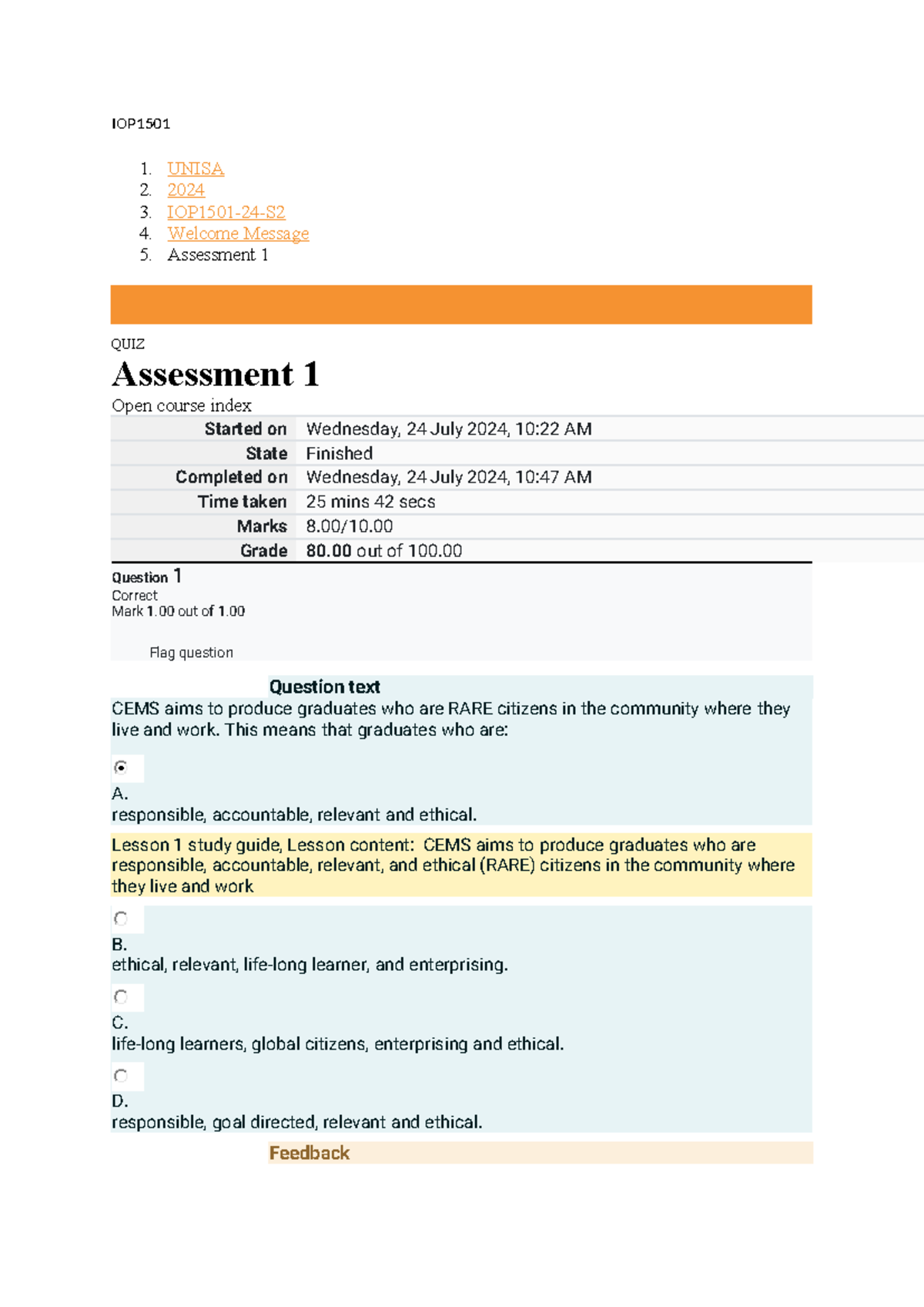 IOP1501- Assignment 1 - IOP 1. UNISA 2. 2024 3. IOP1501-24-S 4. Welcome Message 5. Assessment 1 ...