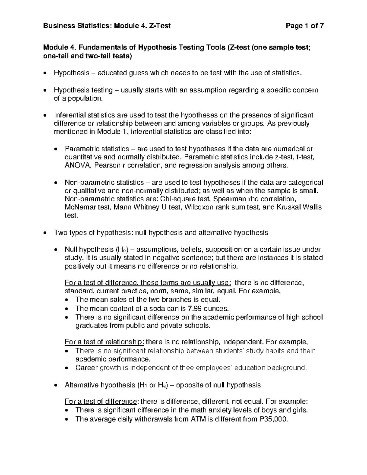 Statistics Module 4 - Module 4. Fundamentals of Hypothesis Testing ...