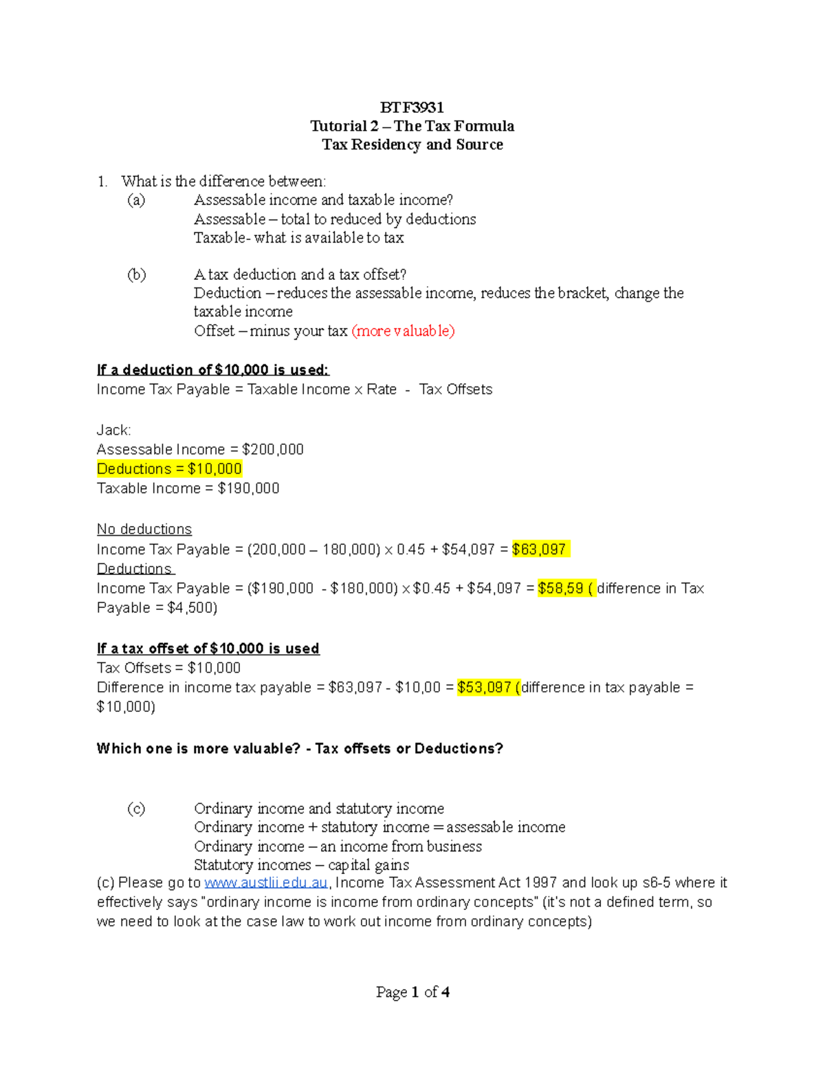 BTF 3931 - week 2 tutorial - BTF Tutorial 2 – The Tax Formula Tax ...