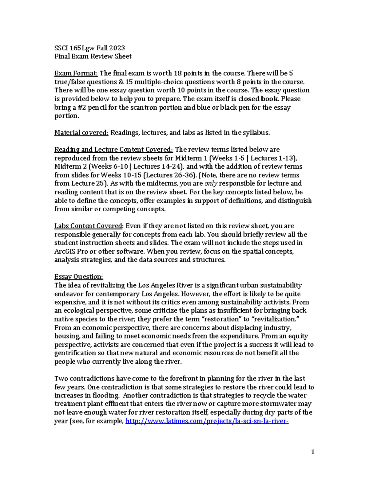 SSCI 165Lgw Fall 2023 Final Exam Review Sheet - There will be 5 true/false questions & 15 - Studocu