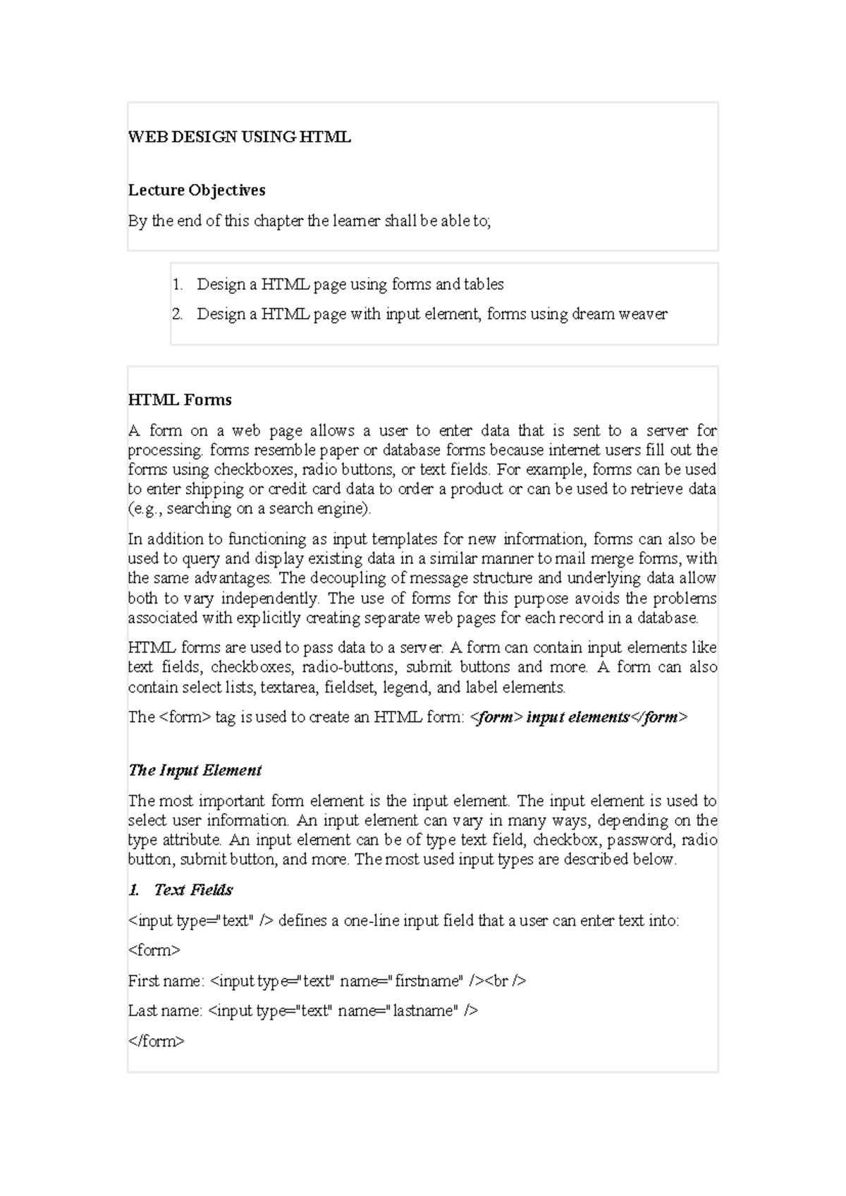 Lesson 11 - ..... - WEB DESIGN USING HTML Lecture Objectives By the end ...