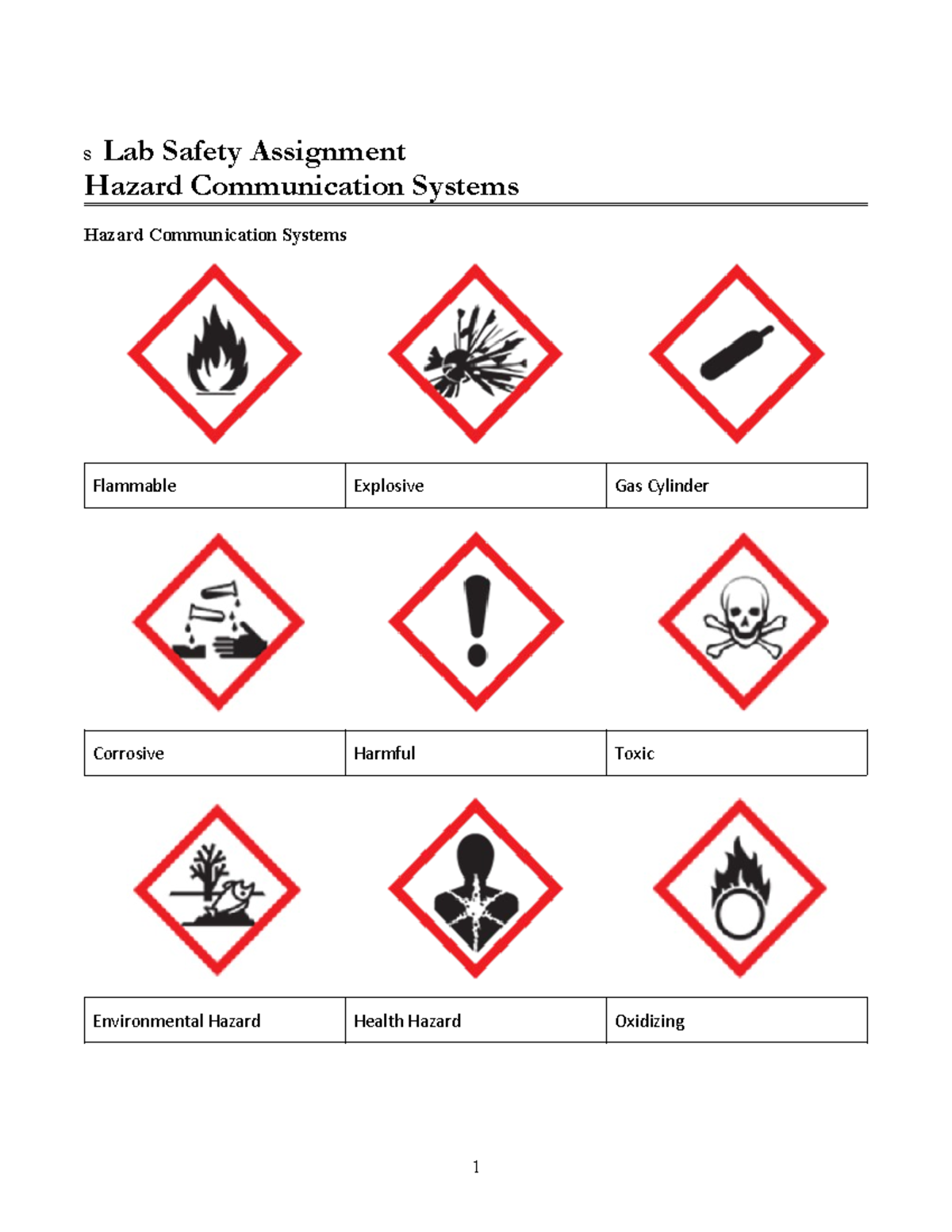 Safety Assignment worksheet - S Lab Safety Assignment Hazard ...