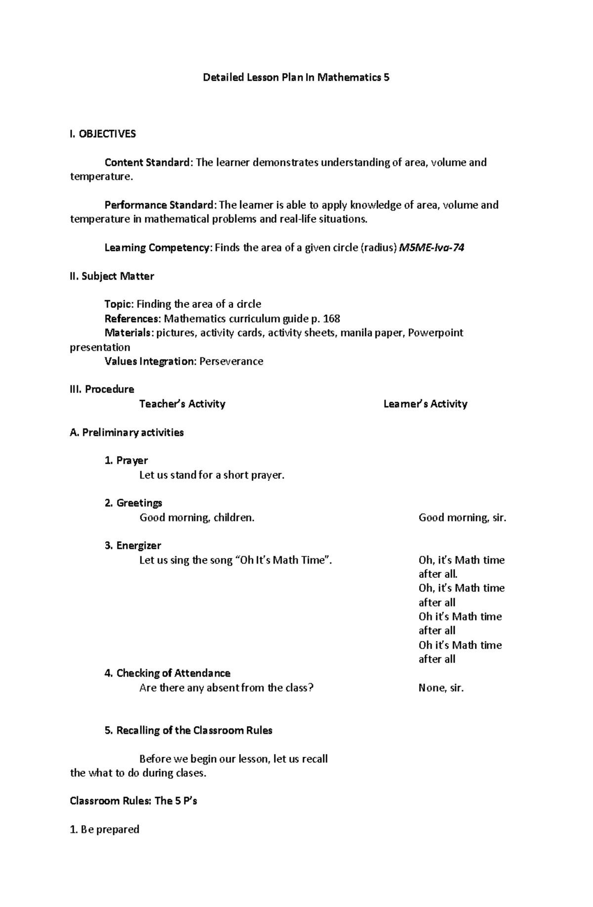 Area of a Circle LP - lesson plan Math 2 - Detailed Lesson Plan In ...