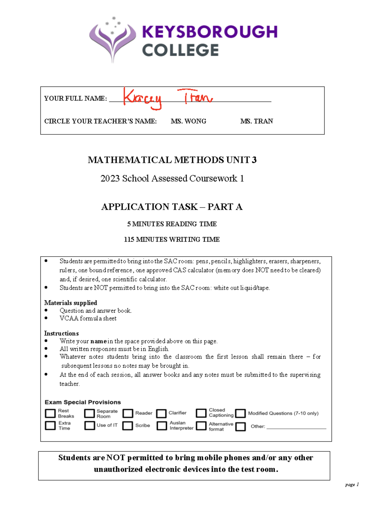 2023 SAC1 Parta DAY1 Solutions - MATHEMATICAL METHODS UNIT 3 2023 ...