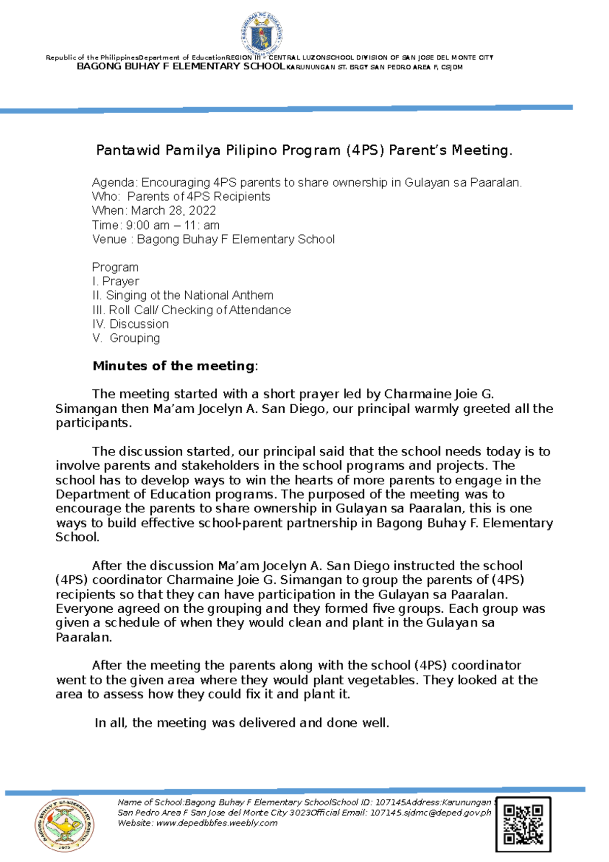 ACR 4P'S Parent'S Meeting 03 - Name of School:Bagong Buhay F Elementary ...