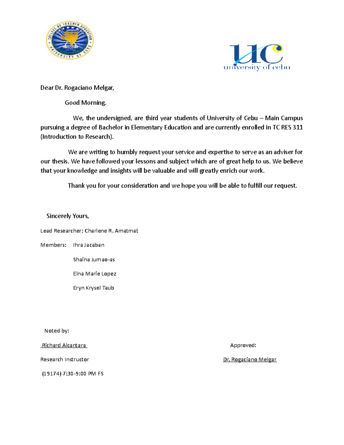 Request Letter Res Advisor - Dear Dr. Rogaciano Melgar, Good Morning ...