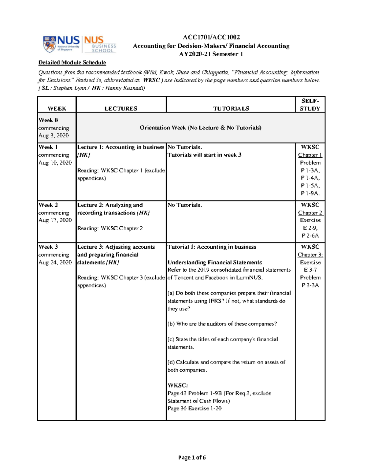 Detailed Module Schedule - Tutorials will start in week 3 WKSC Chapter ...