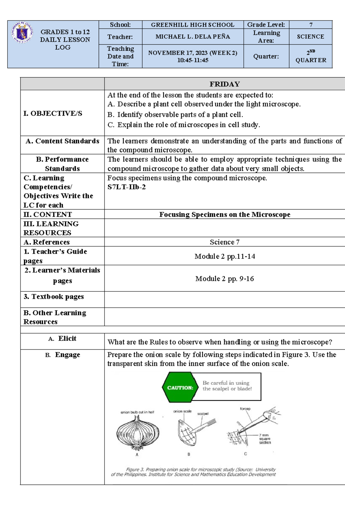W2d5 - SCIENCE - GRADES 1 to 12 DAILY LESSON LOG School: GREENHILL HIGH ...