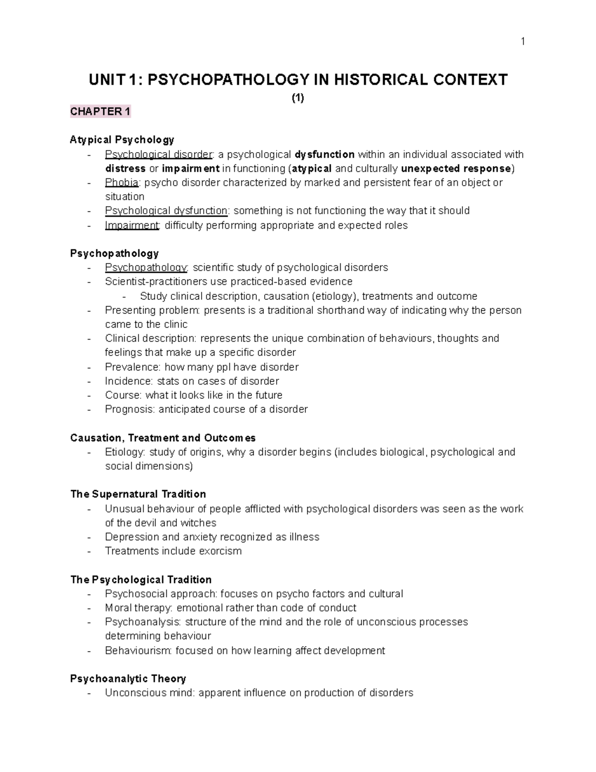 Unit 1 PSYC2020 - 1 UNIT 1: PSYCHOPATHOLOGY IN HISTORICAL CONTEXT (1 ...