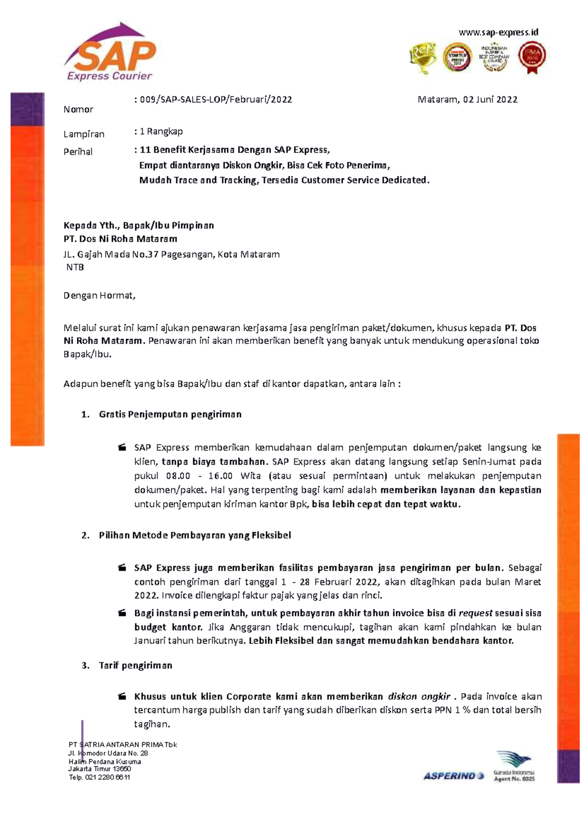 Surat Penawaran DOs - sap-express Nomor : 00 9/SAP-SALES-LOP/Februari ...