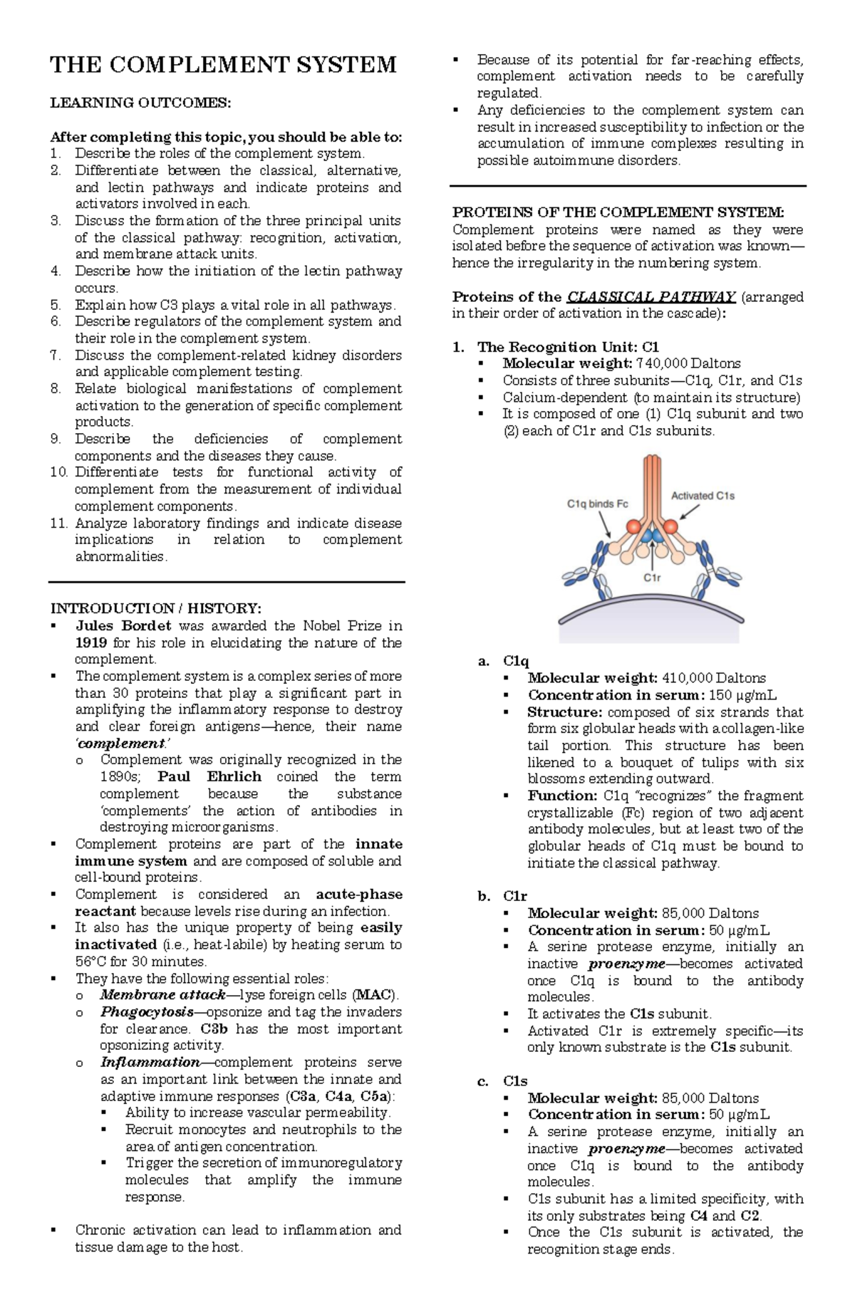Immunosero - THE Complement System - THE COMPLEMENT SYSTEM LEARNING OUTCOMES: After completing ...