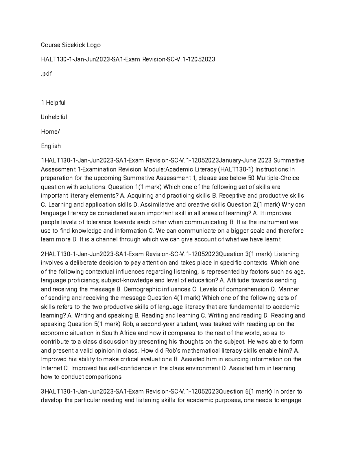 Academic - sa 1 - Past paper - Course Sidekick Logo HALT130-1-Jan ...