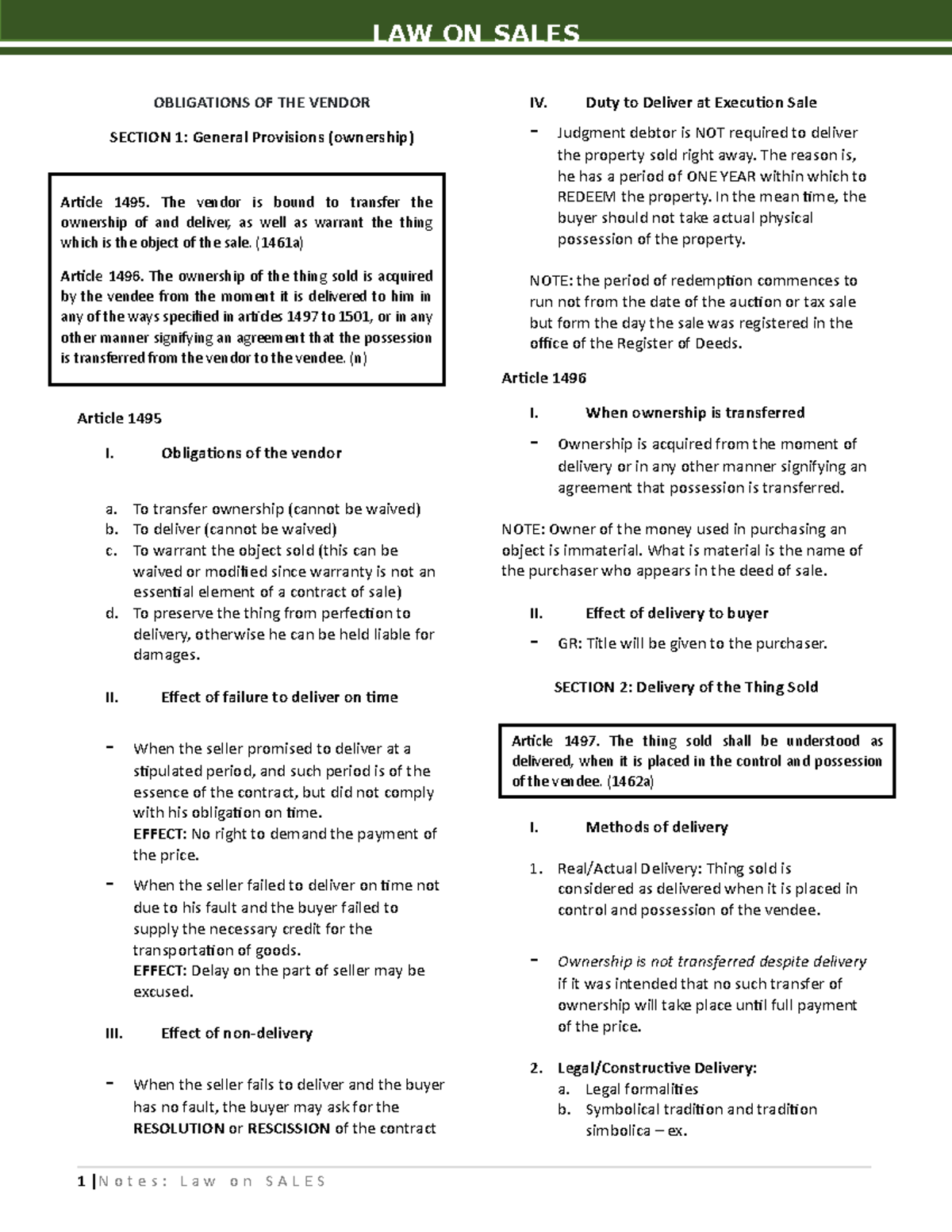 Notes 5 LAW - SECTION 1: General Provisions (ownership) - OBLIGATIONS ...