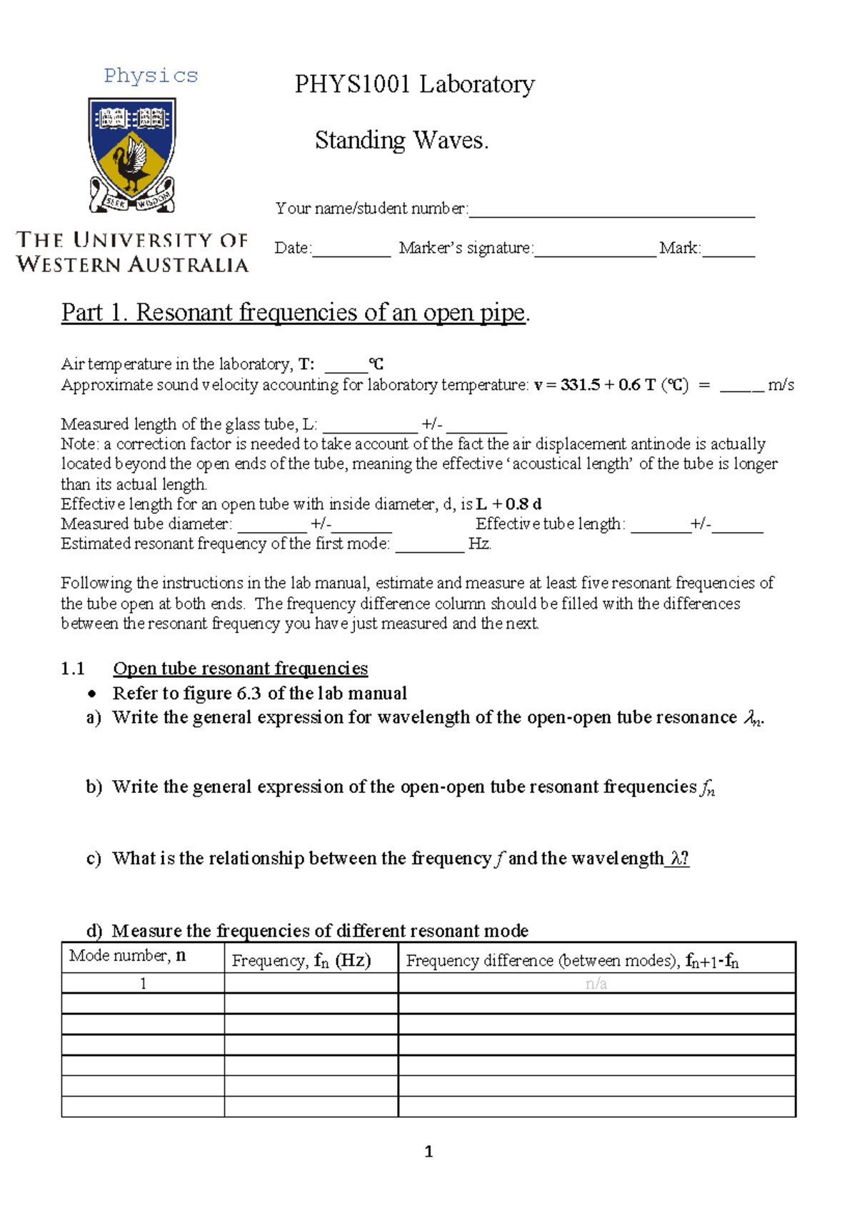 Lab worksheet - PHYS1001 Laboratory Standing Waves. Your name/student ...