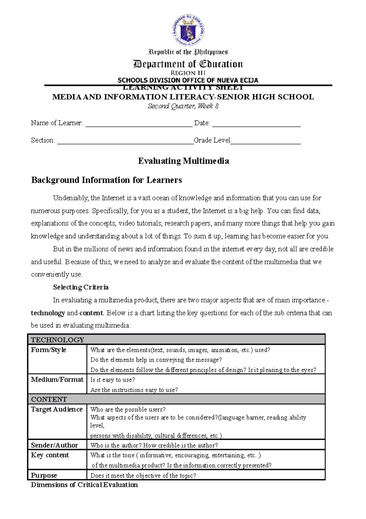 MIL LAS-Quarter-2-week-8 - LEARNING ACTIVITY SHEET MEDIA AND ...