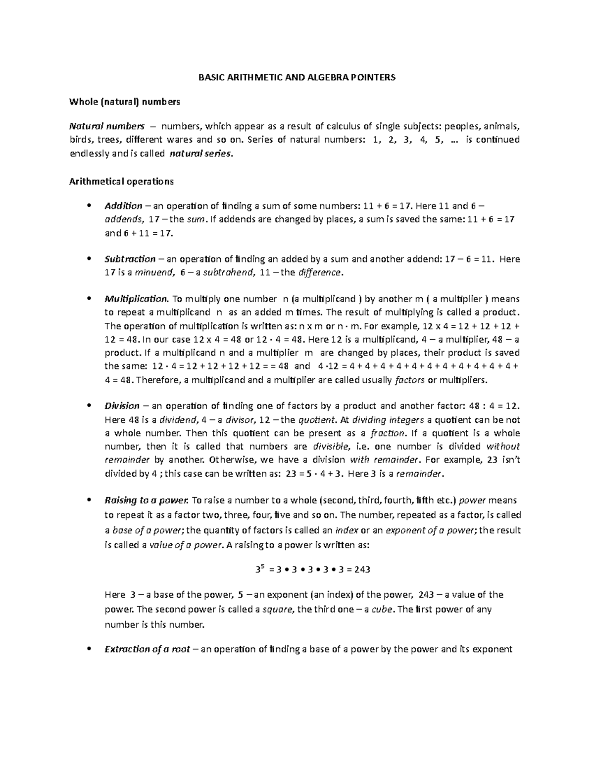 Basic Arithmetic AND Algebra - BASIC ARITHMETIC AND ALGEBRA POINTERS ...