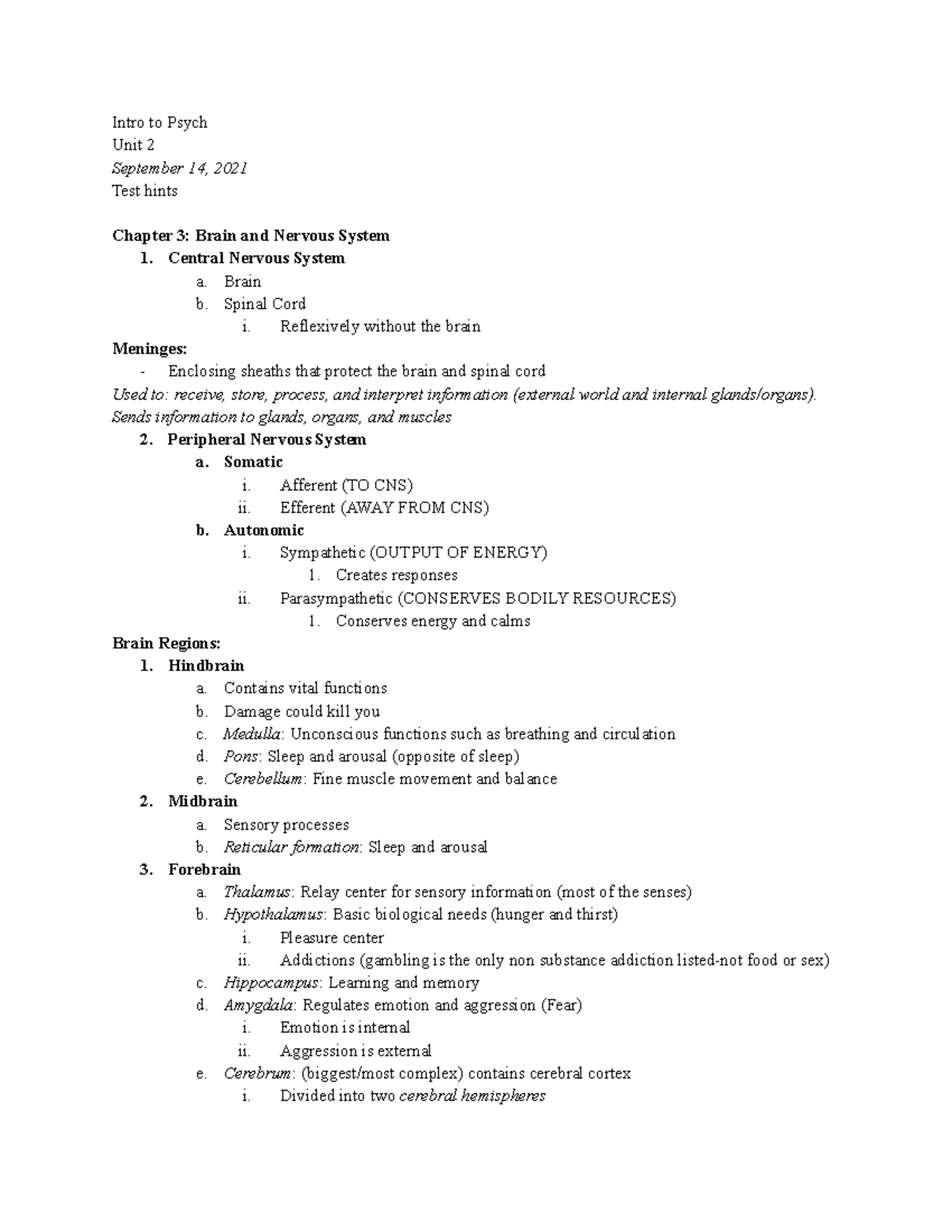 Psych: Unit 2 Notes - Intro to Psych Unit 2 September 14, 2021 Test ...