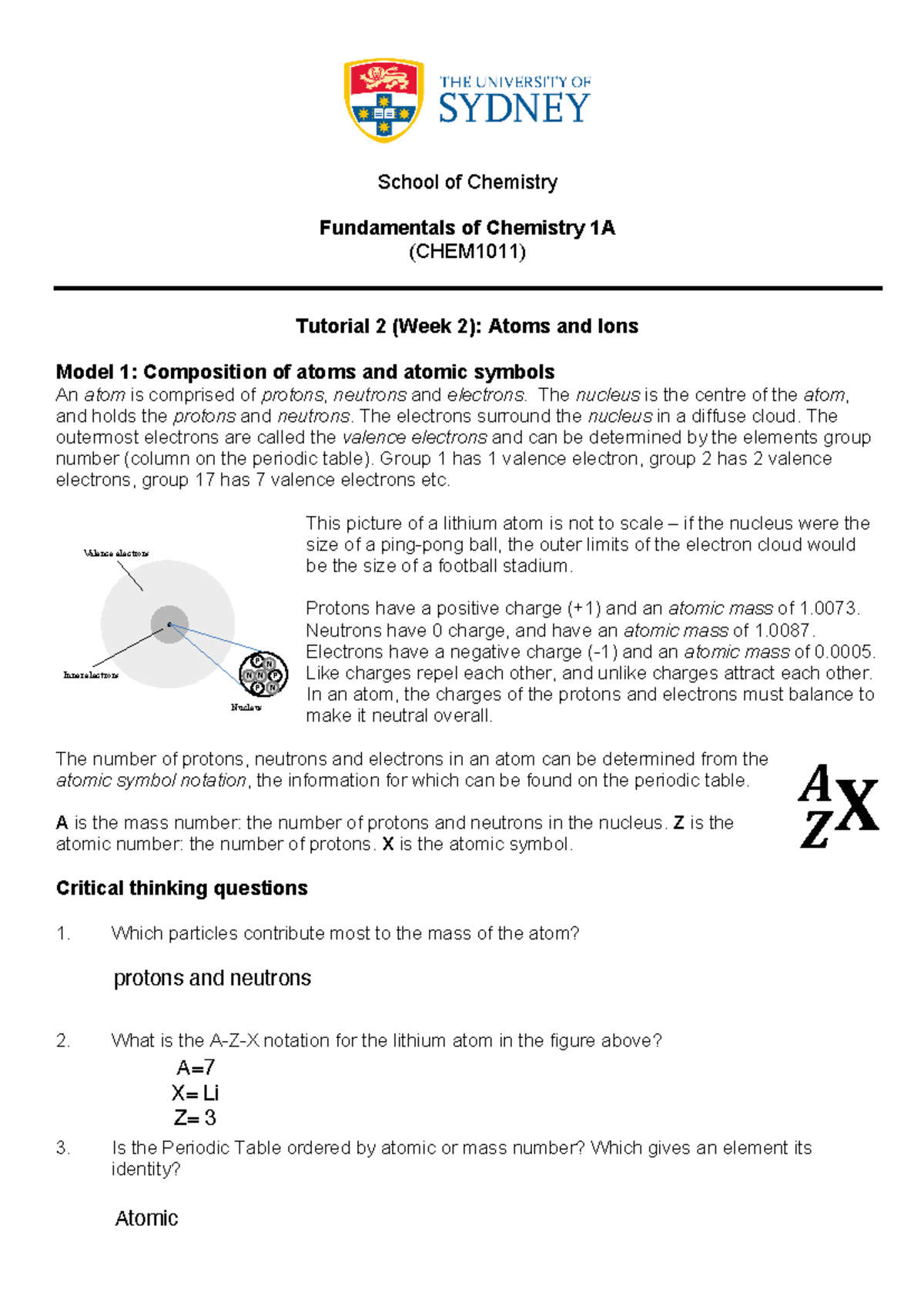 Tutorial 02 - School of Chemistry Fundamentals of Chemistry 1A ...