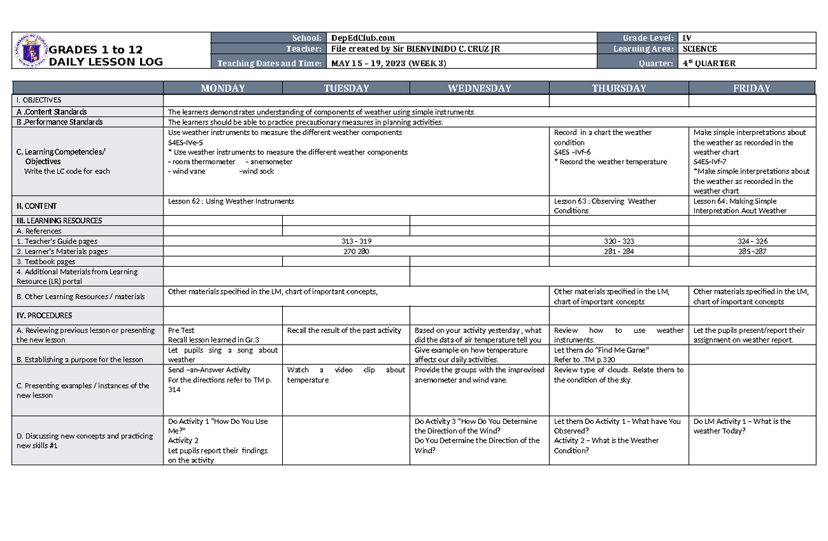 DLL Science 4 Q4 W3 - Recognize adverbs of manner - GRADES 1 to 12 ...