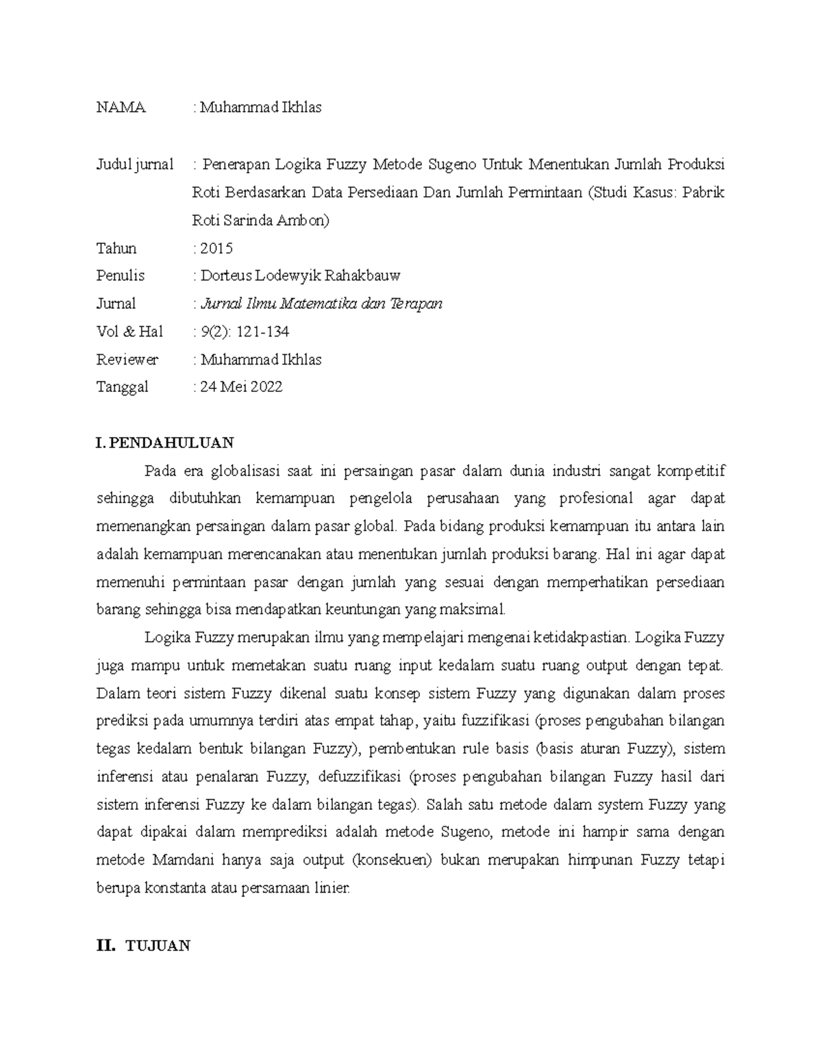 Review Jurnal metode Sugeno - NAMA : Muhammad Ikhlas Judul jurnal ...