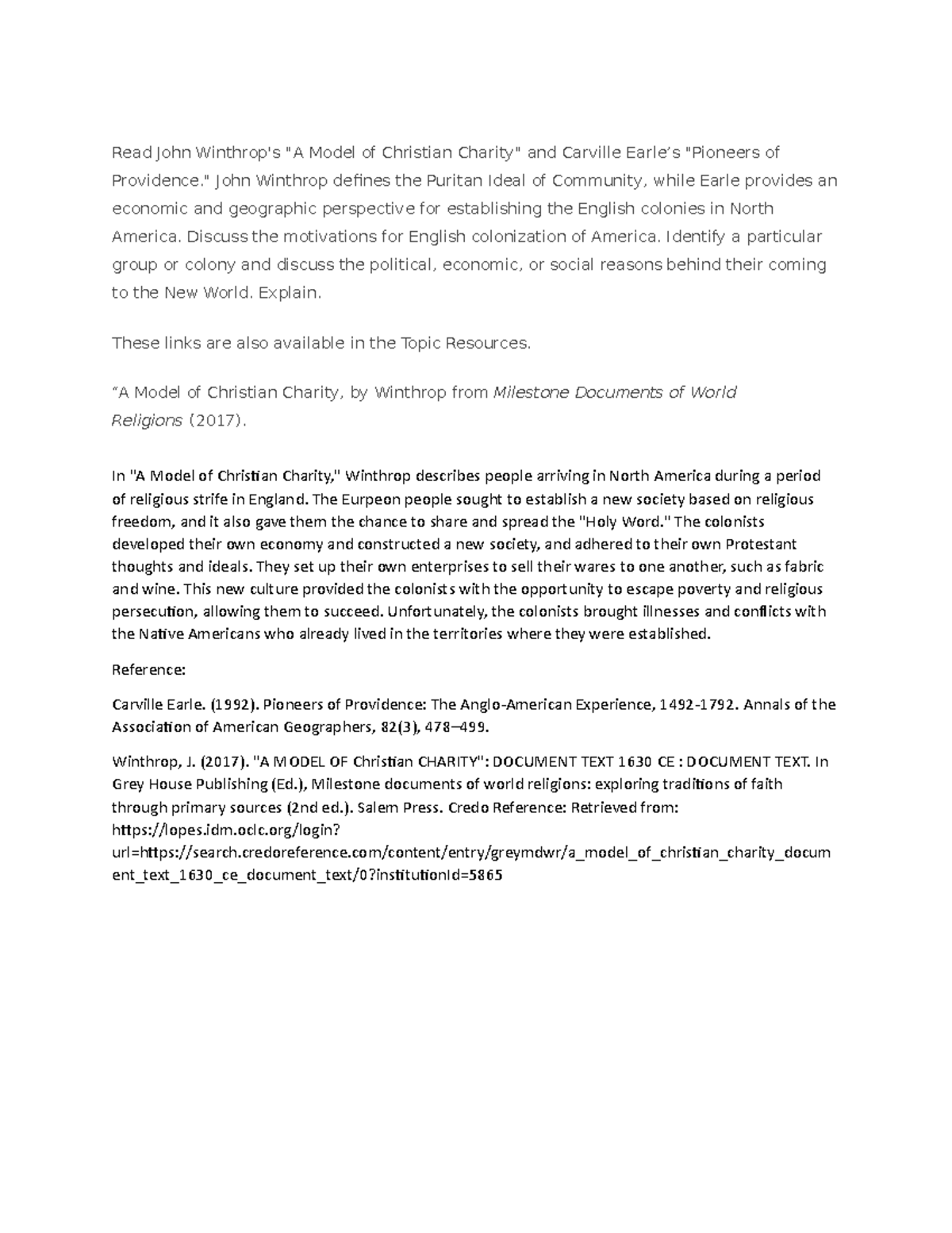 Topic 1 dq2 - Read John Winthrop's "A Model of Christian Charity" and ...