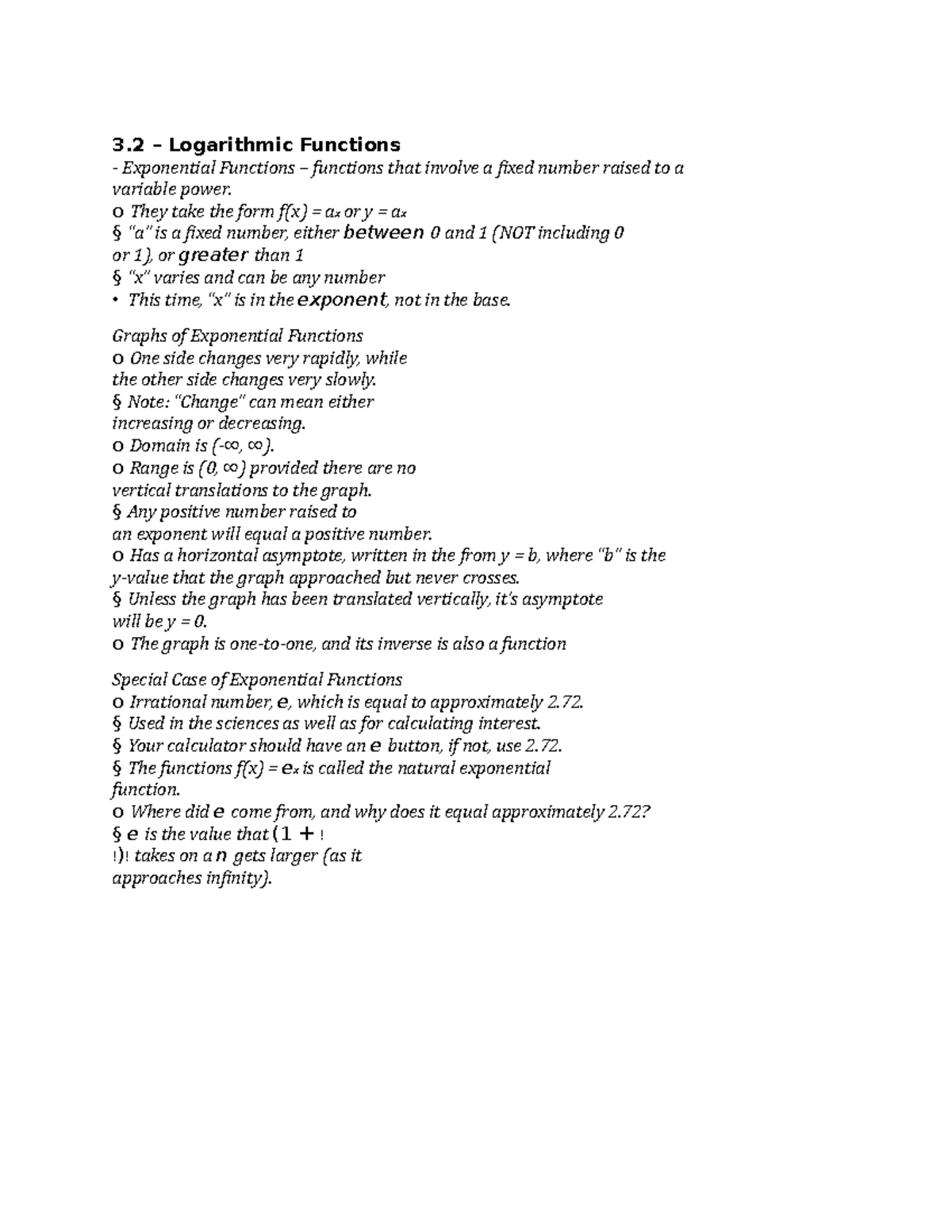 Math 125 Lecture 11 Notes 3 Logarithmic Functions Exponential Functions Functions That