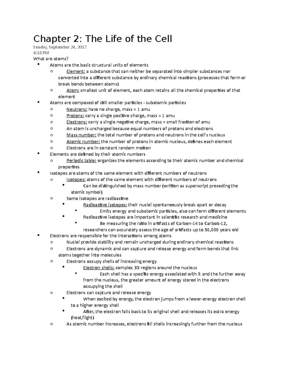 Chapter 2 The Life of the Cell - Chapter 2: The Life of the Cell Sunday ...
