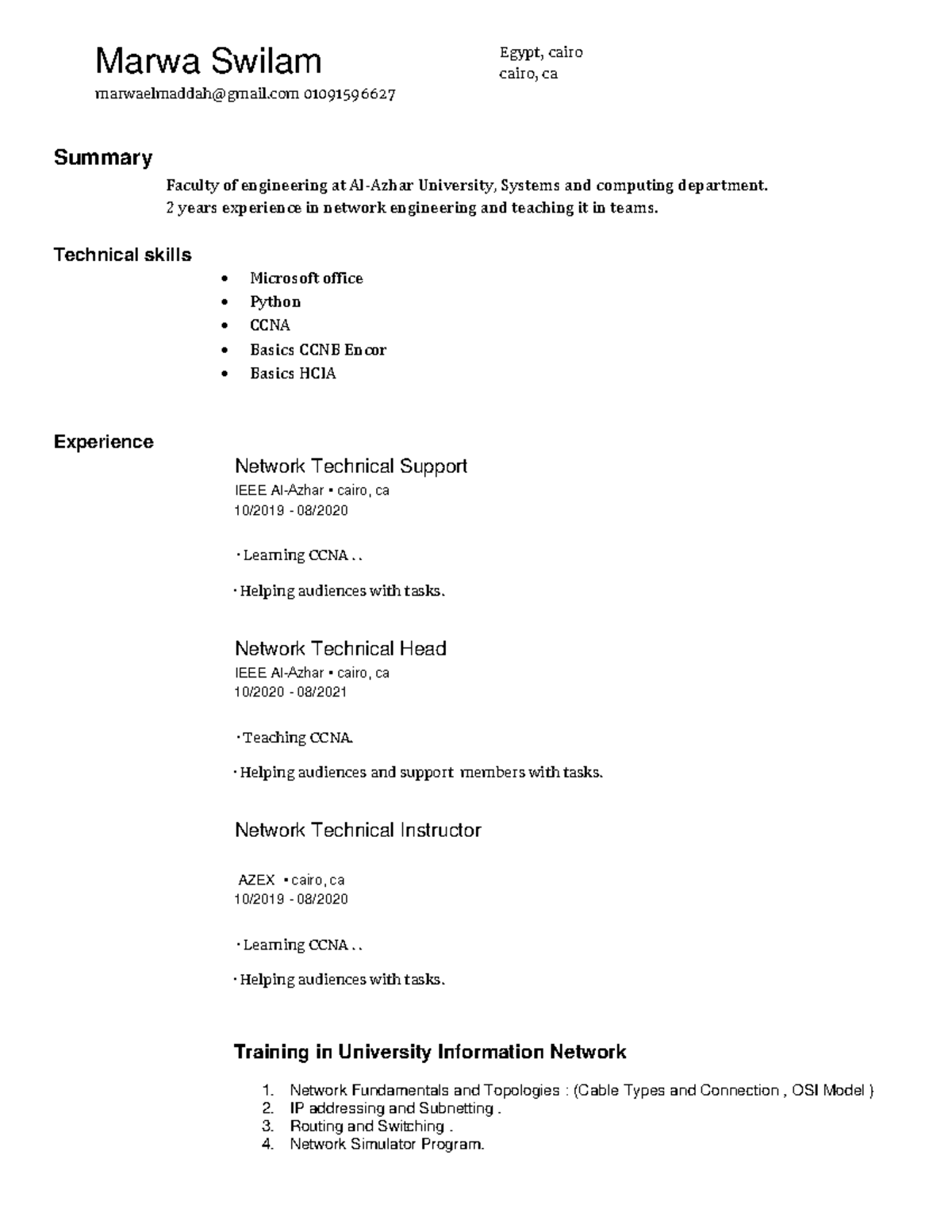 Marwa cv - good course - Marwa Swilam marwaelmaddah@gmail 01091596627 ...