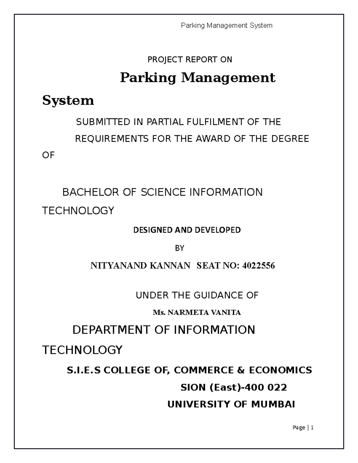 Parking Management System Parking Management - PROJECT REPORT ON ...