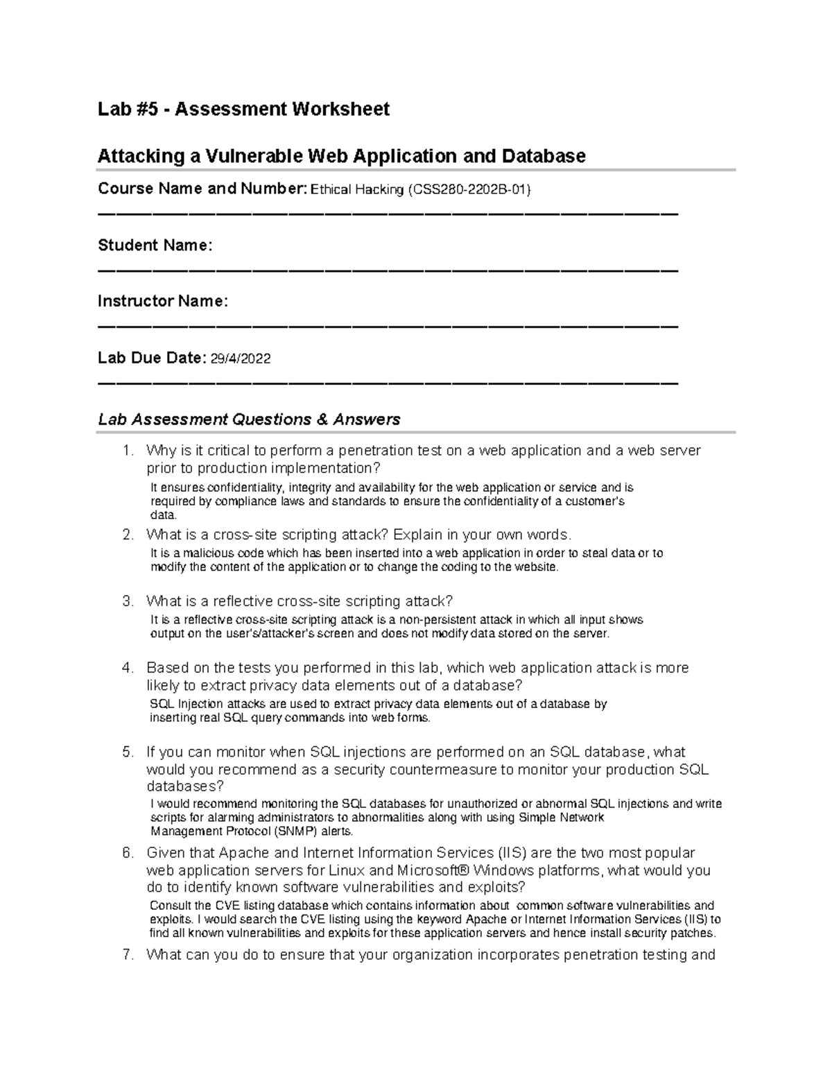 Attacking a Vulnerable Web Application and Database - Lab #5 - Assessment Worksheet Attacking a ...