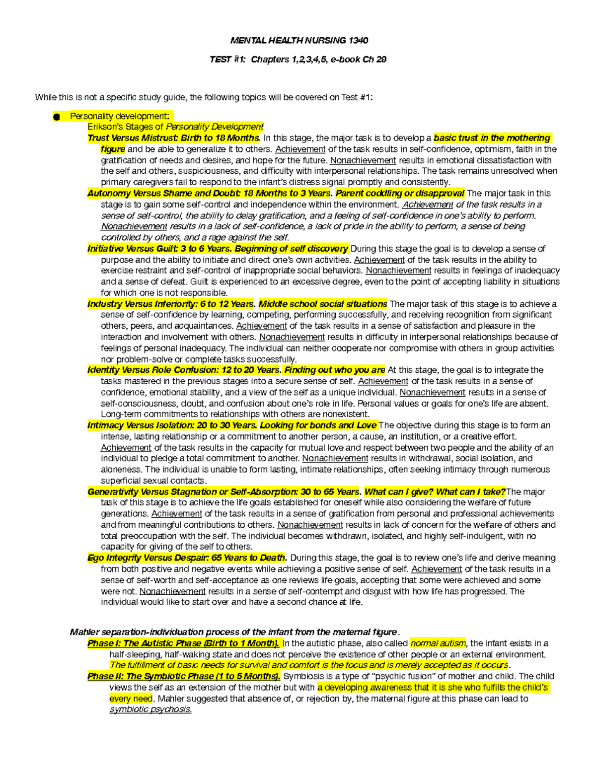 MH Test #1 Guide Guide - MENTAL HEALTH NURSING 1340 TEST #1: Chapters 1 ...