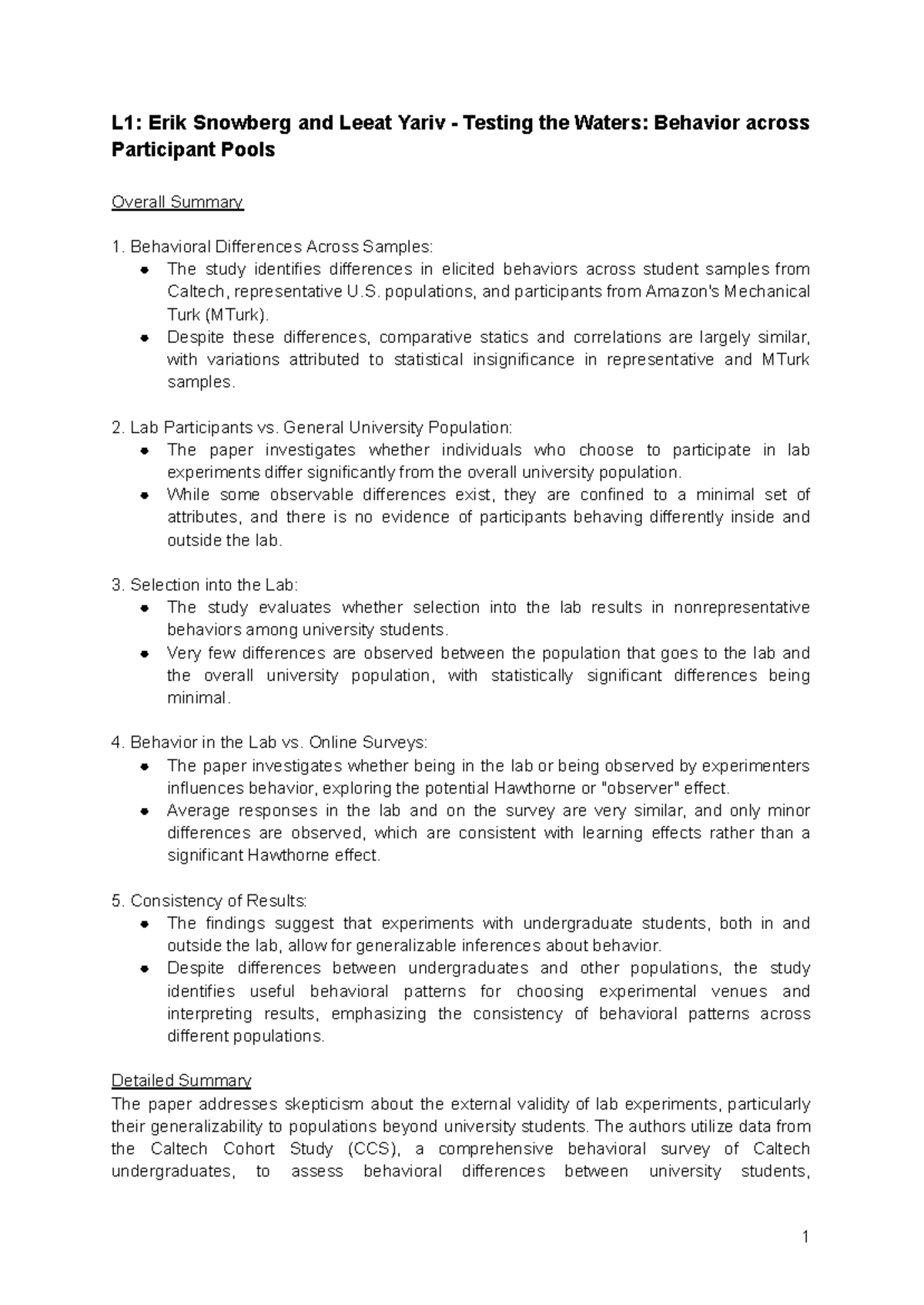 Summary of lecture articles - L1: Erik Snowberg and Leeat Yariv ...