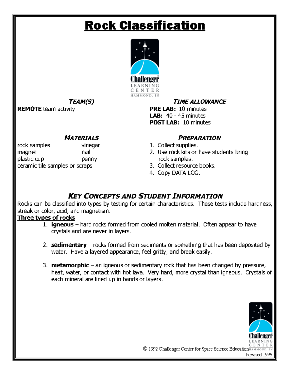 Rock Classification - hwishw - © 1992 Challenger Center for Space ...