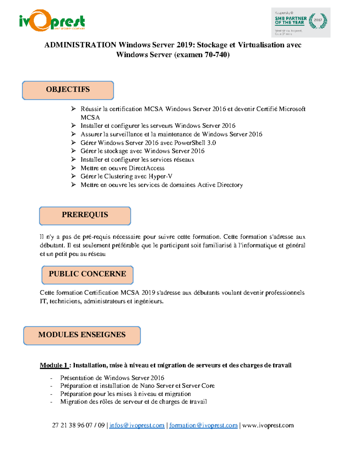 Programme Data Sheet Administration Windows server 2019 ...