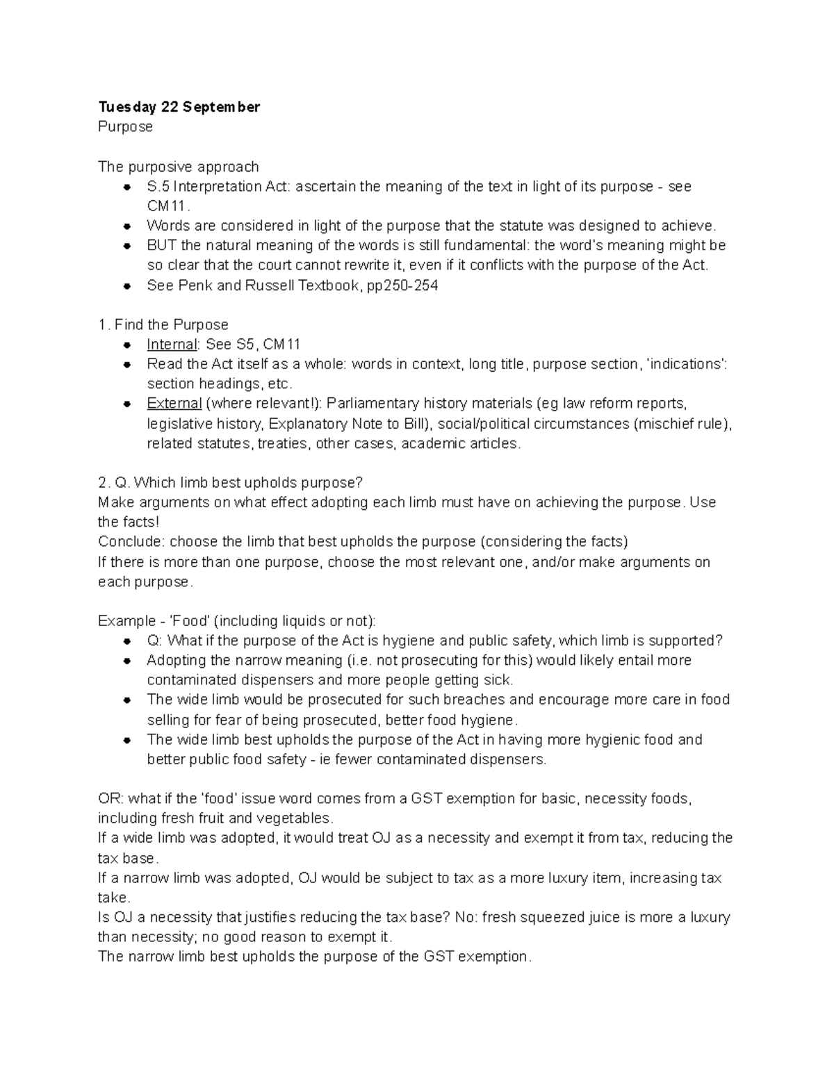 Week 9 lecture notes - Tuesday 22 September Purpose The purposive ...