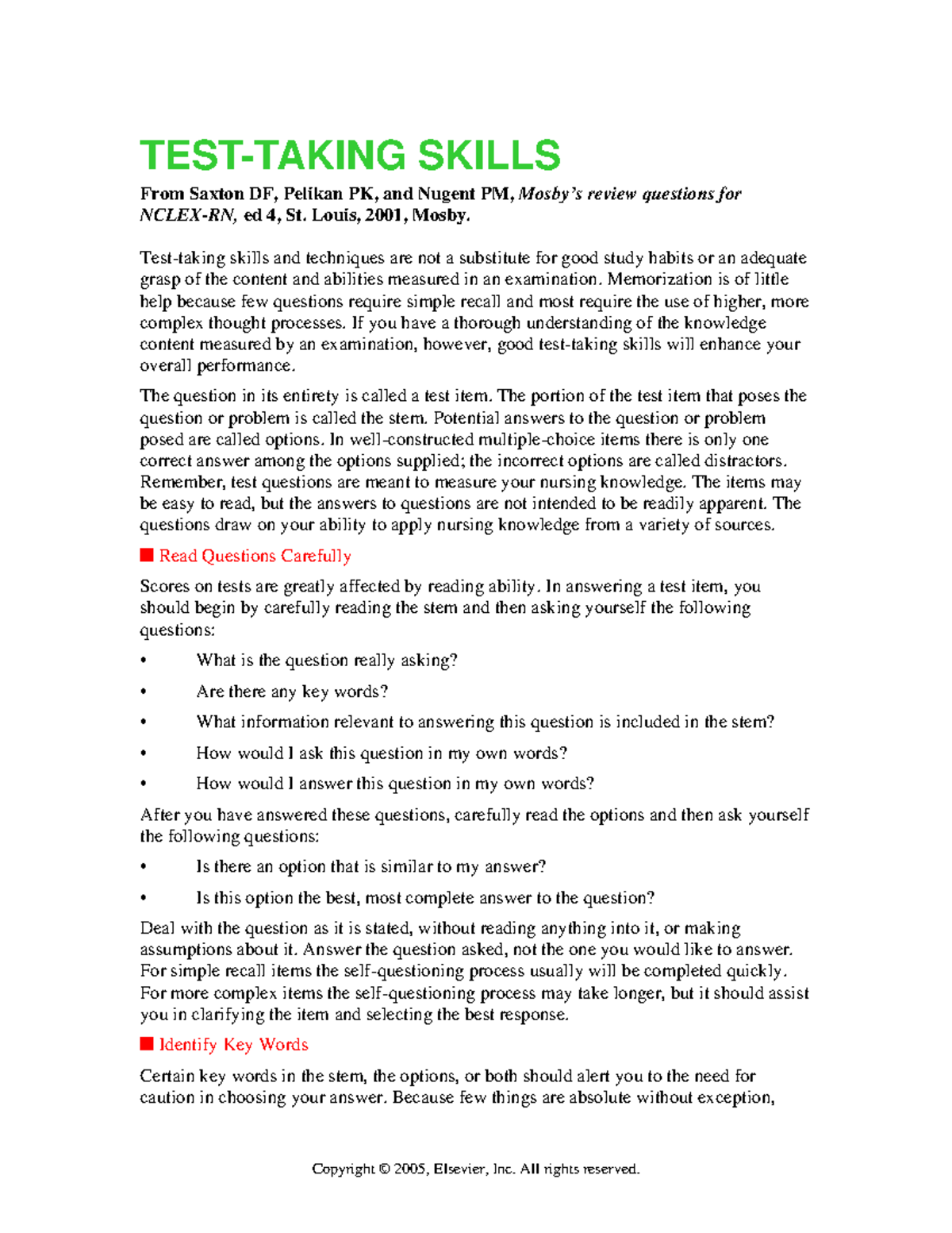 Test-Taking Skills - TEST-TAKING SKILLS From Saxton DF, Pelikan PK, and ...