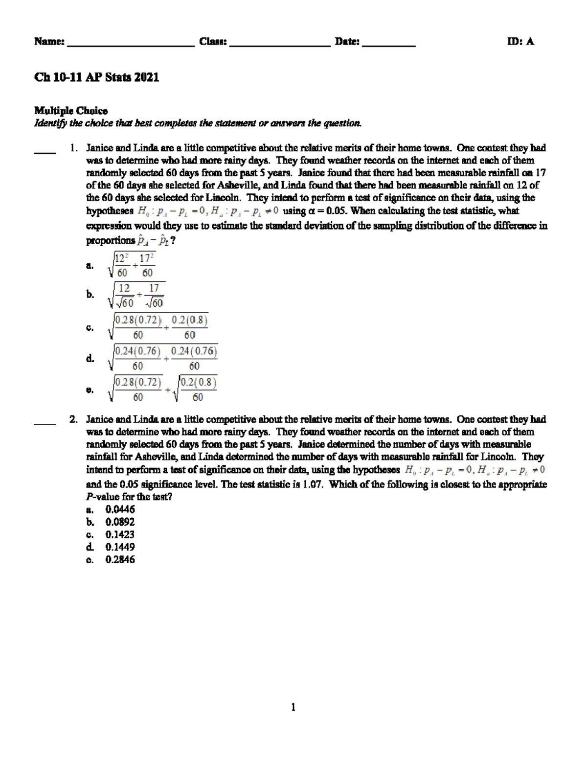 Ch 10-11 Test AP Stats 2021 v A - Studocu