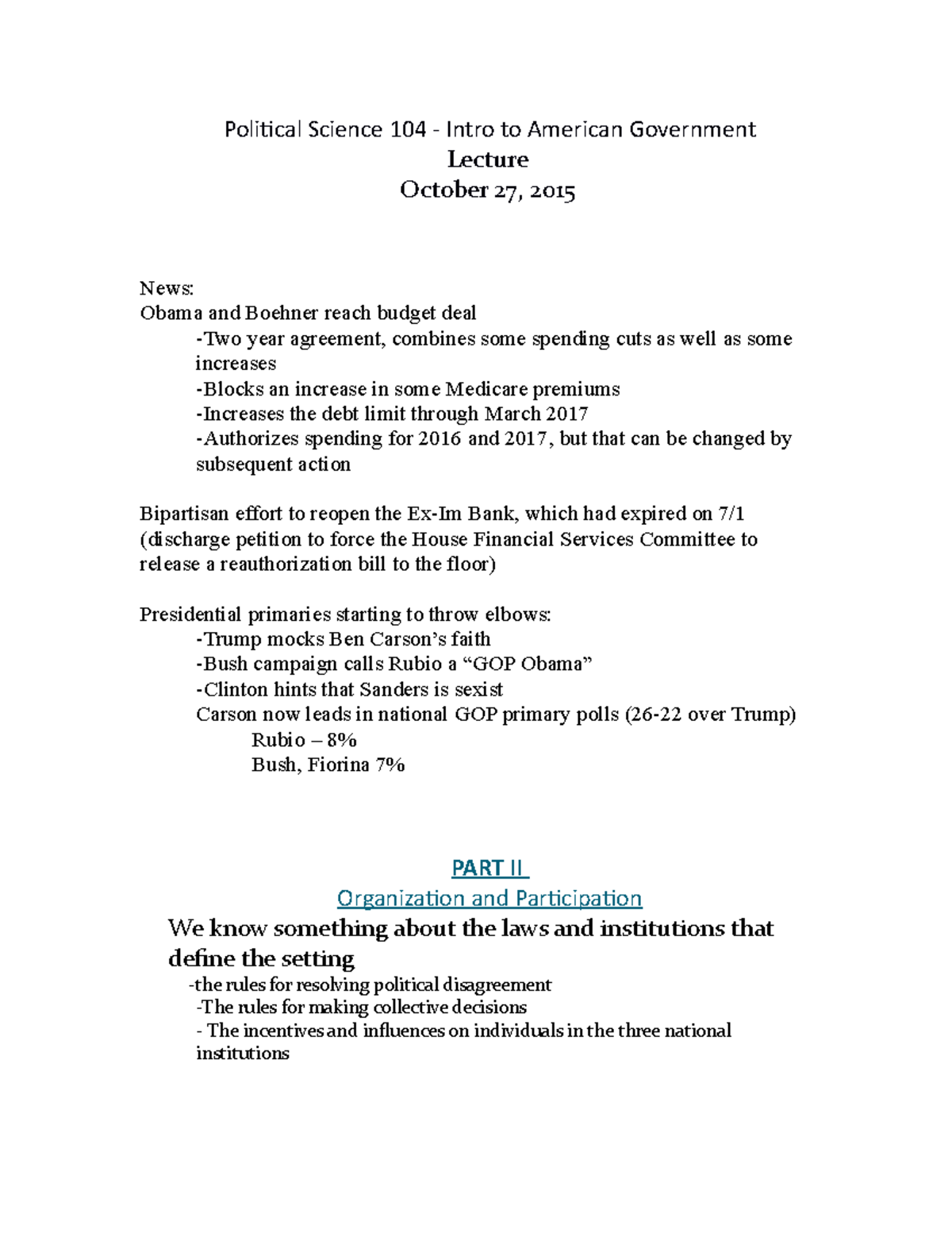 Lecture+Outline+October+27 - Political Science 104 - Intro to American ...