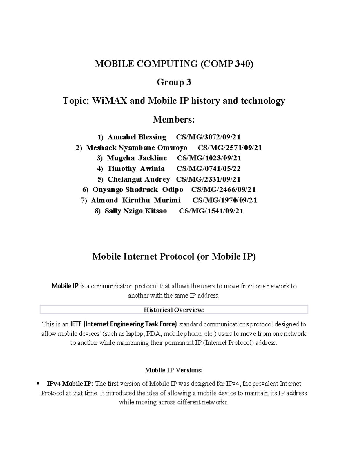 Mobile Ip and Wi Max - MOBILE COMPUTING (COMP 340) Group 3 Topic: WiMAX ...