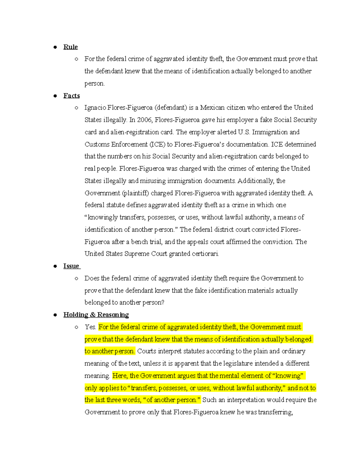 Crim Law 2022- Flores-Figueroa v. U.S - Rule For the federal crime of ...