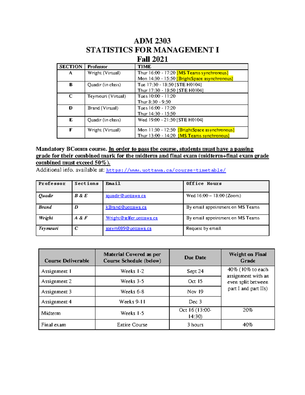 Statistics Syllabus (21-22 academic year) - ADM 2303 STATISTICS FOR ...