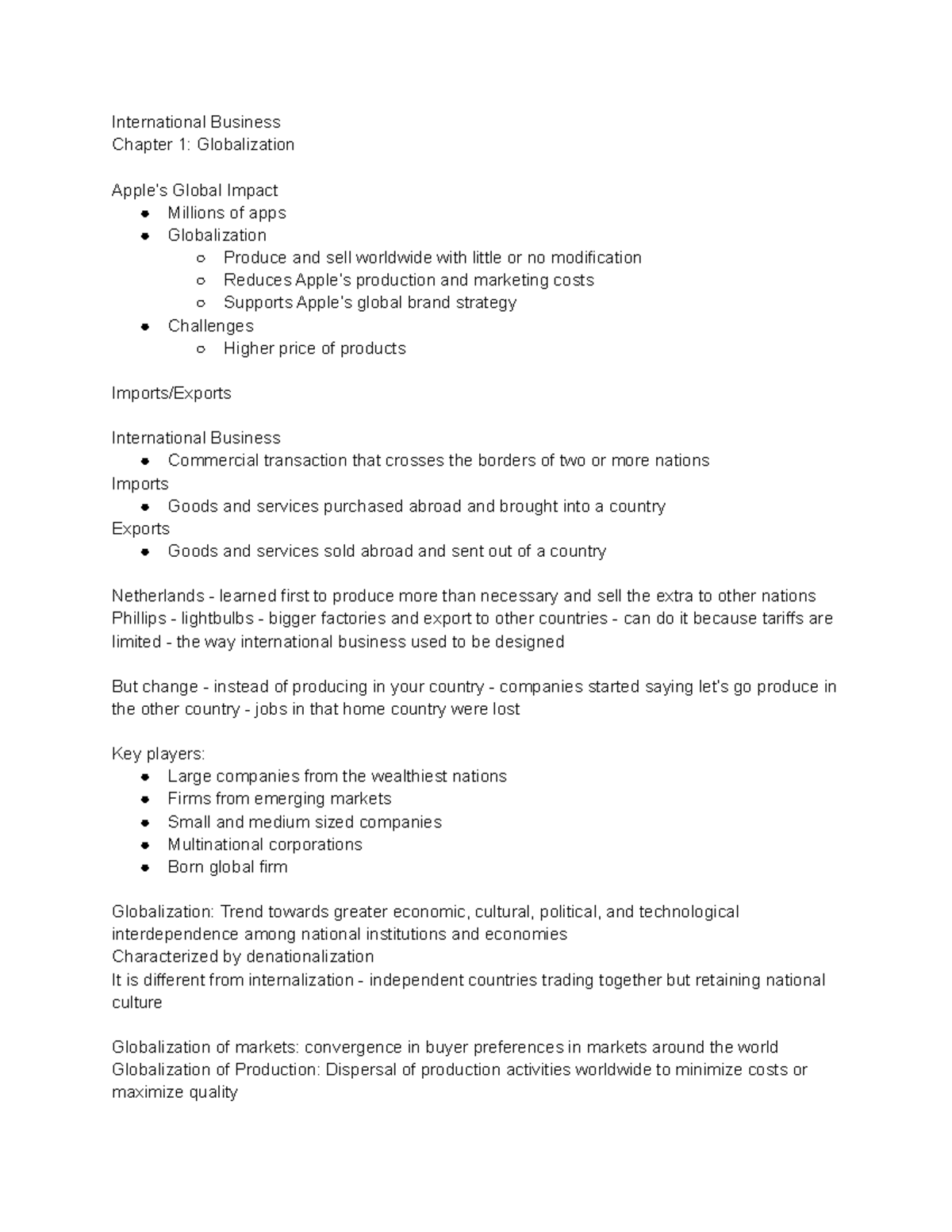IB 201 Notes - International Business Chapter 1: Globalization Apple’s ...