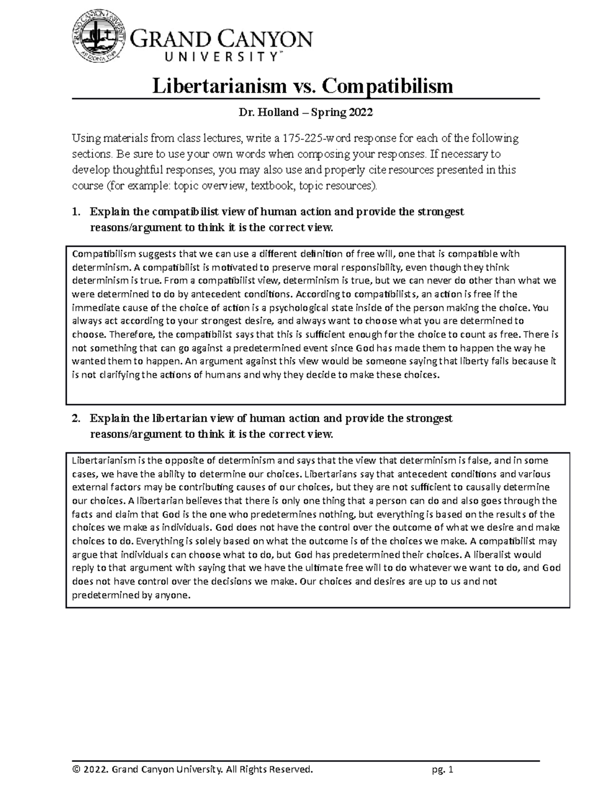 PHI103 - Libertarianism Compatibilism Worksheet - Libertarianism vs ...