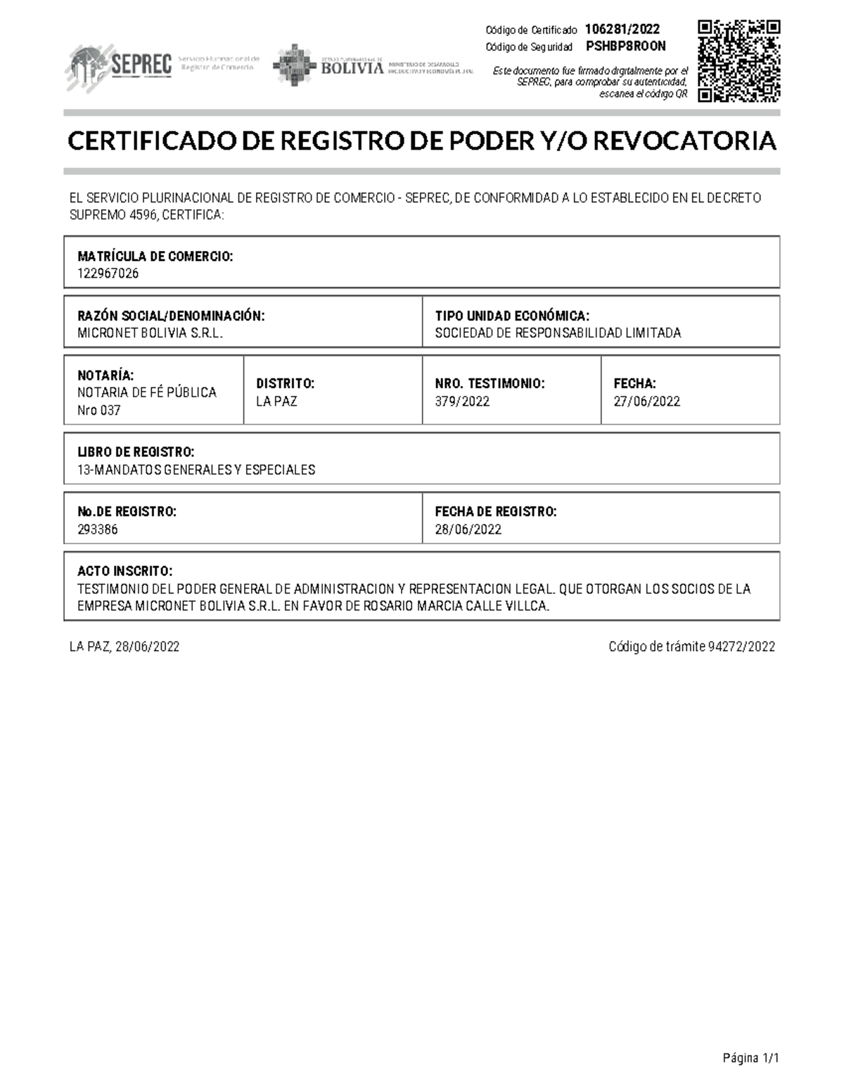 Certificado registro Seprec 379 - CERTIFICADO DE REGISTRO DE PODER Y/O REVOCATORIA EL SERVICIO ...
