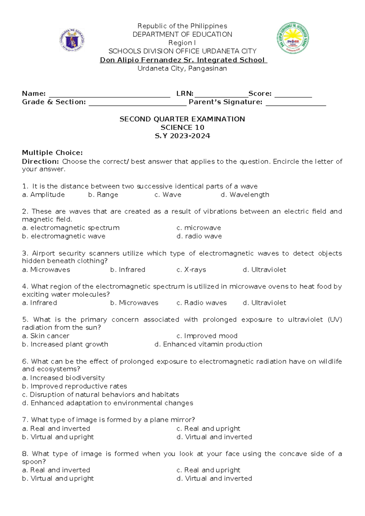 Q2 Exam for Print - Exam Q2 - Republic of the Philippines DEPARTMENT OF ...